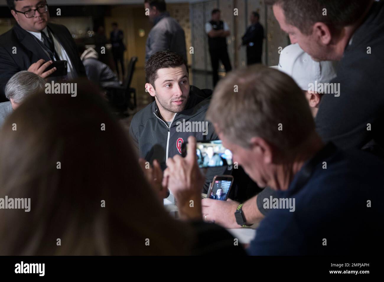 Heisman Trophy finalist, Oklahoma quarterback Baker Mayfield, speaks to ... Heisman Trophy finalist, Oklahoma quarterback Baker Mayfield, speaks to ...