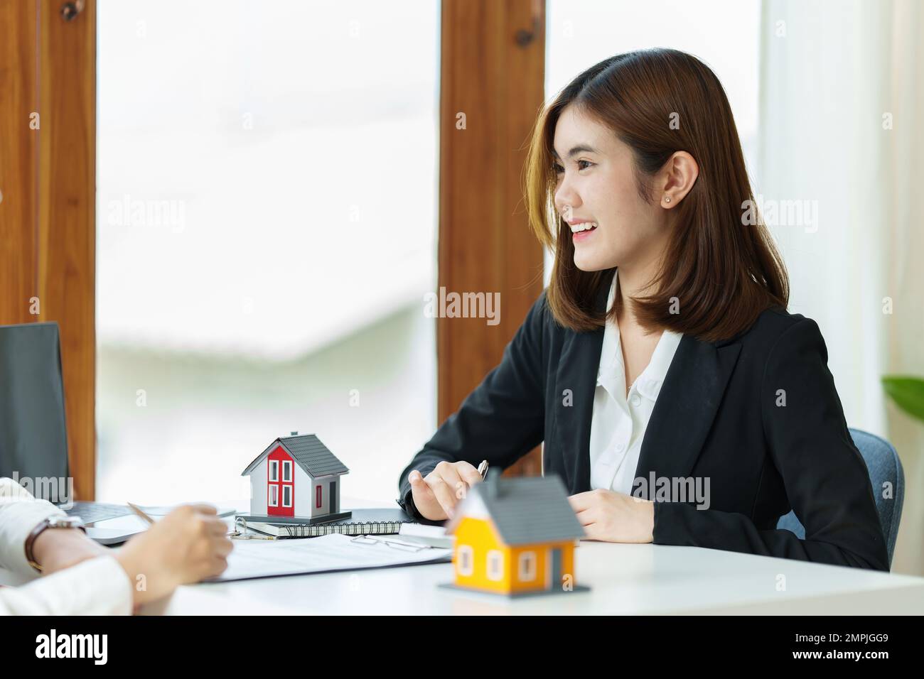 Agent explain house insurance contract to customer at office. Real ...