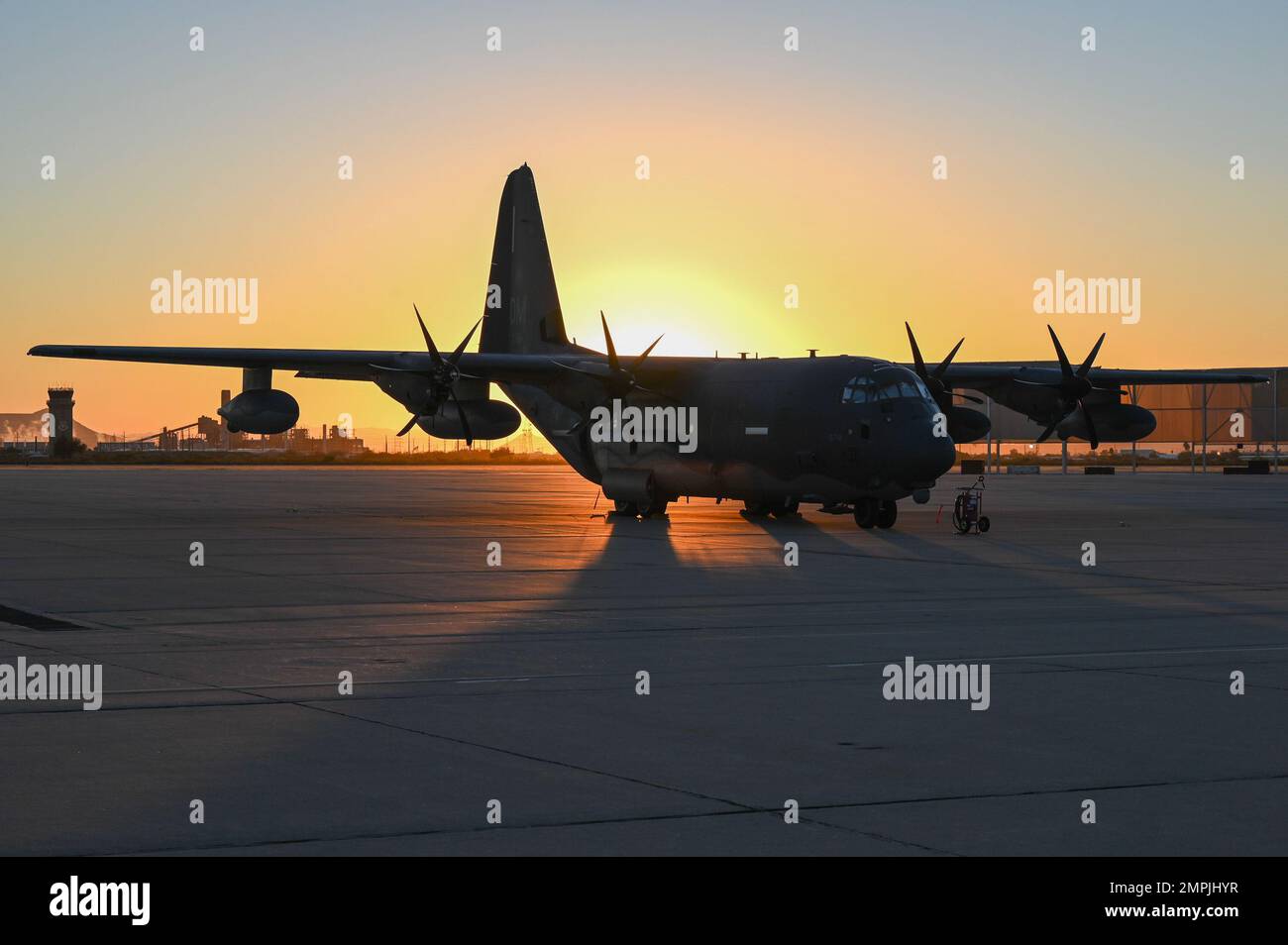 An HC-130J Combat King, assigned to the 355th Wing, sits on the flight ...