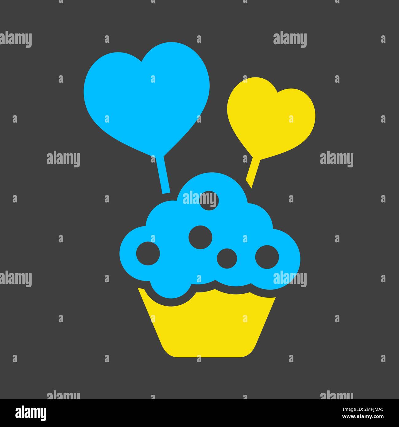 Cupcake with two hearts glyph on dark background icon. Valentines day ...