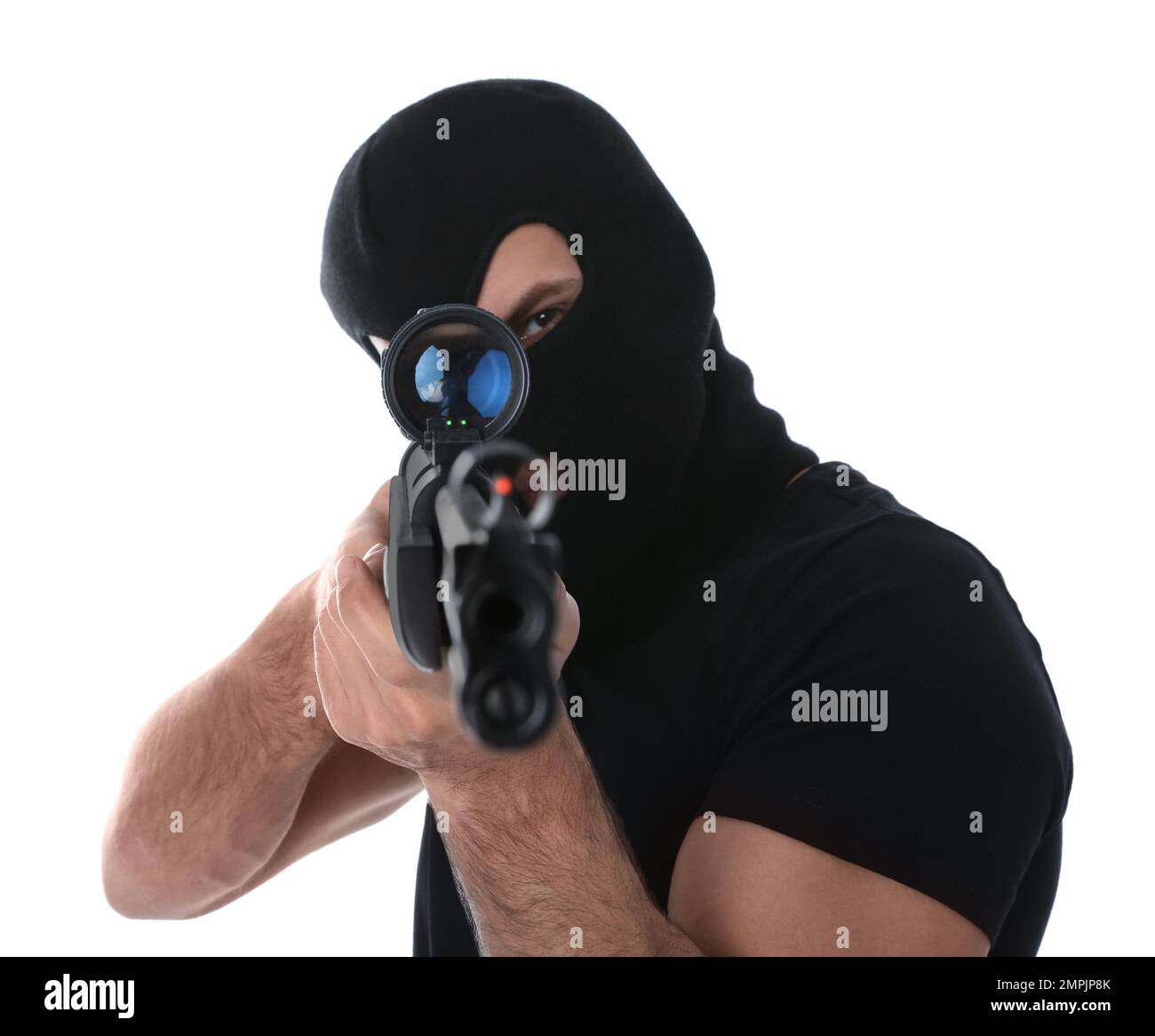 Professional killer with sniper rifle on white background Stock Photo ...