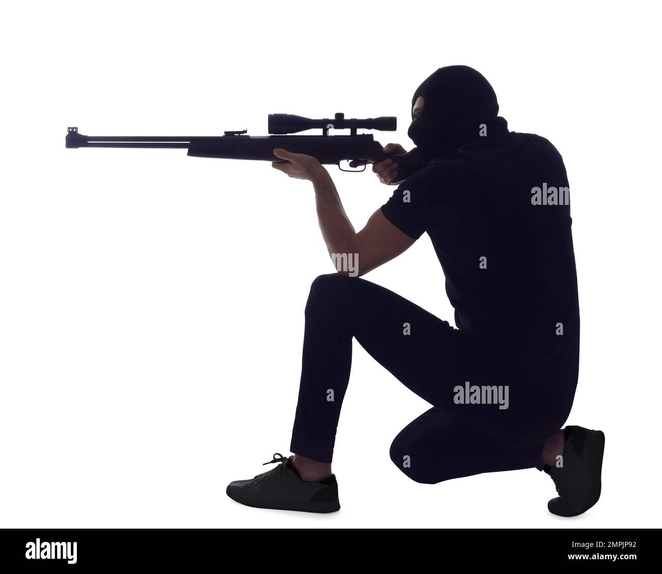 Professional killer with sniper rifle on white background Stock Photo ...