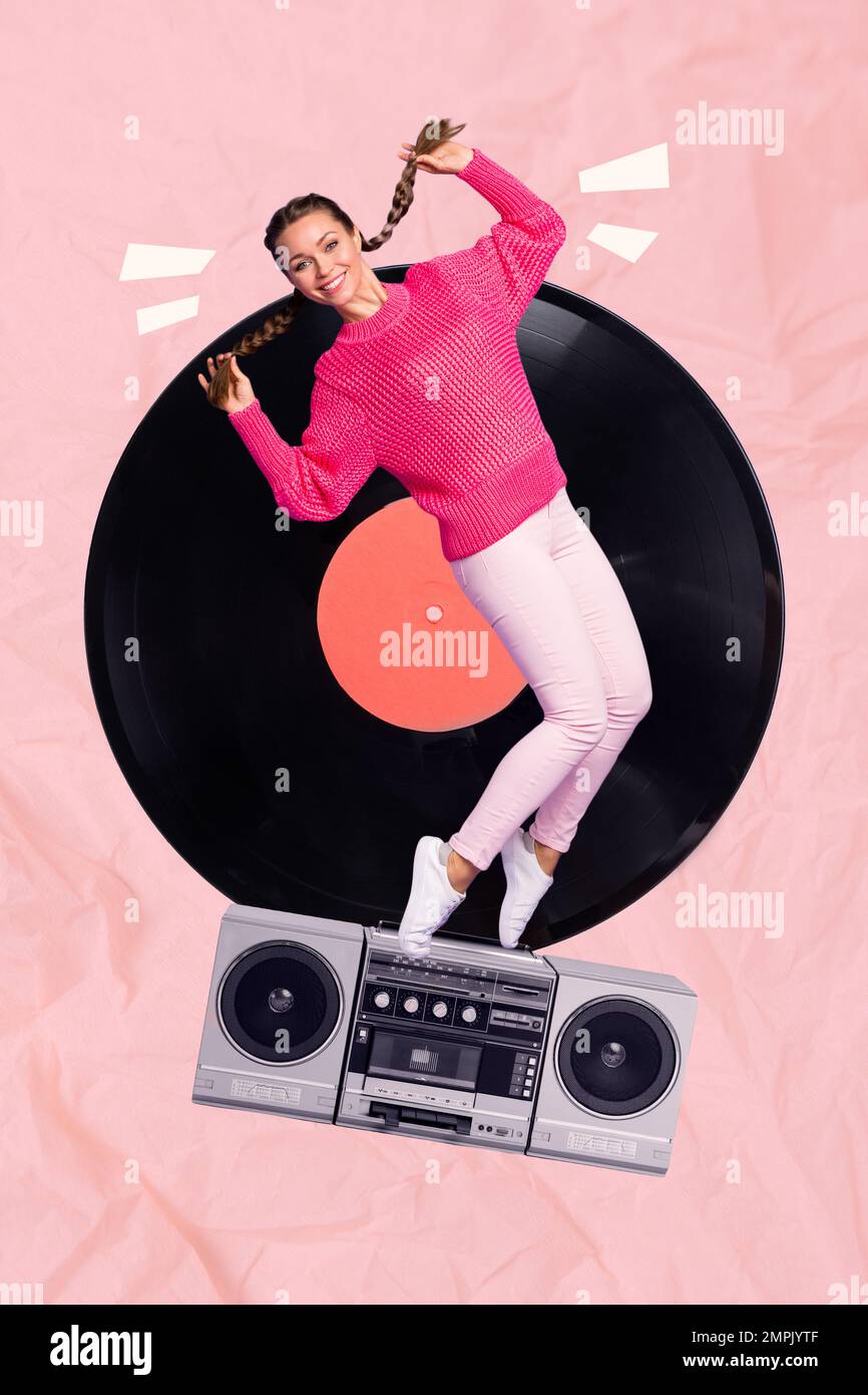 Photo creative collage retro poster artwork of positive joyful lady ...