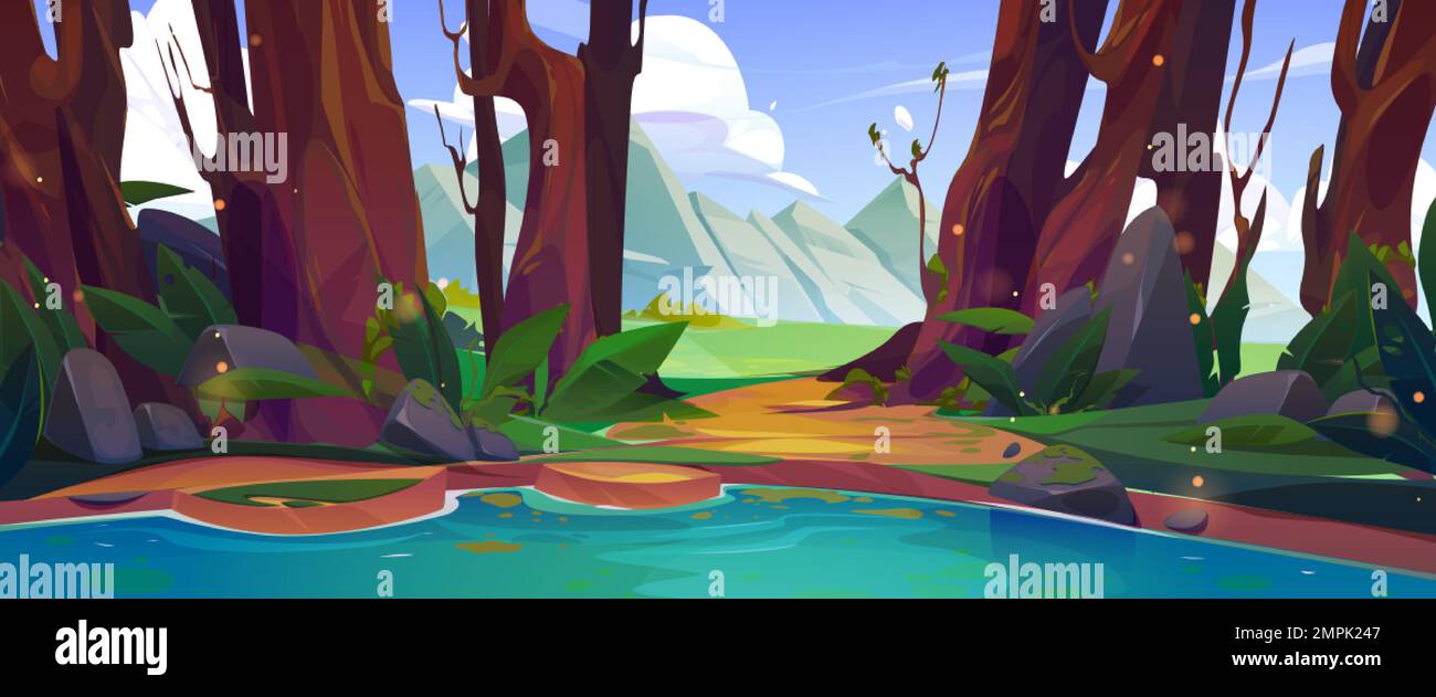 Mountain valley scene with lake and floating log. Nature panorama ...