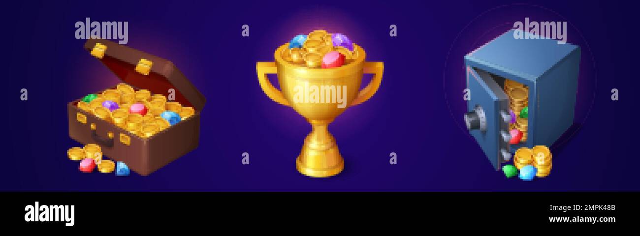 Piles of gold coins and gemstones in golden cup, deposit box and ...
