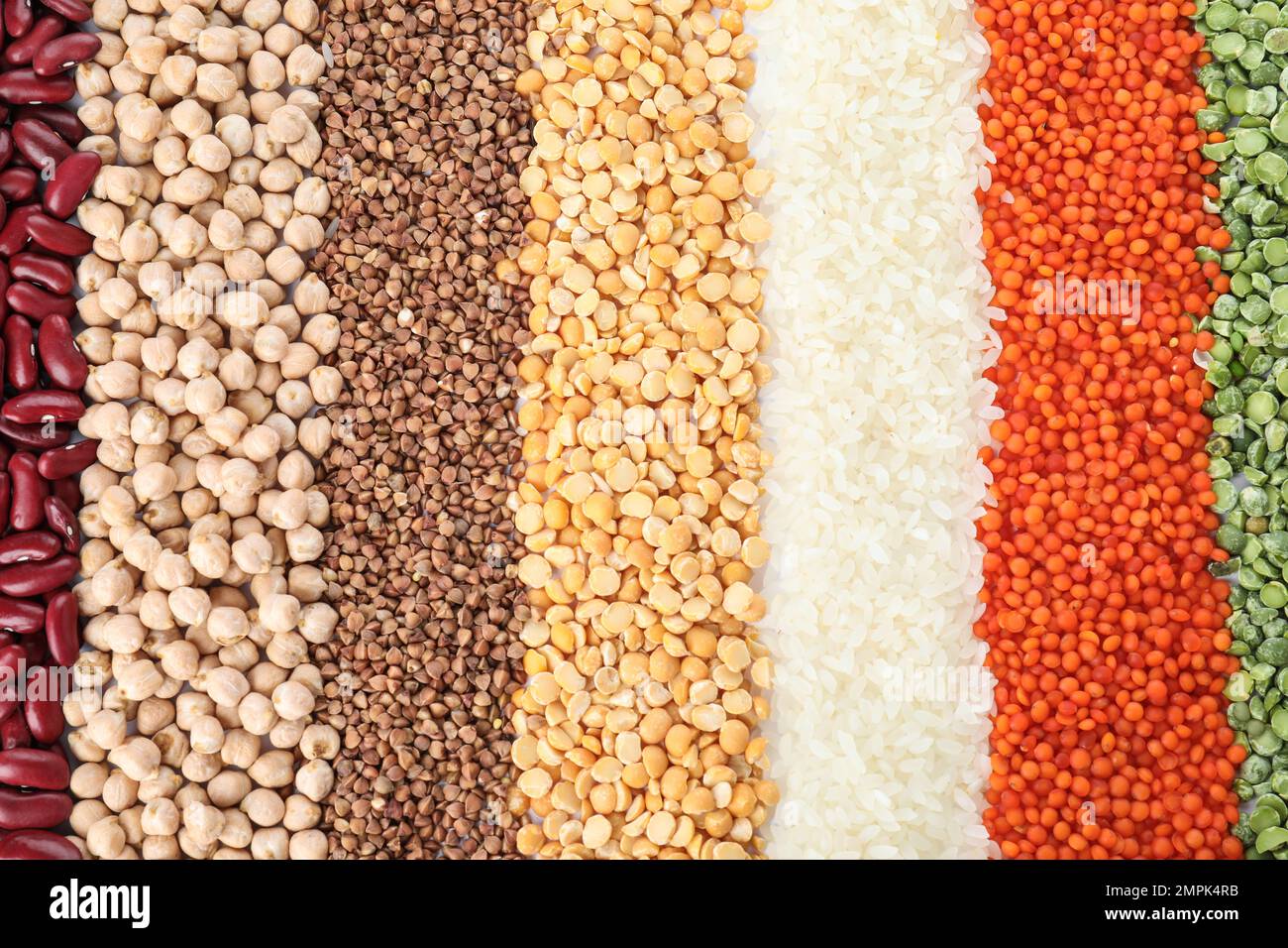 Different types of legumes and cereals as background, top view. Organic ...