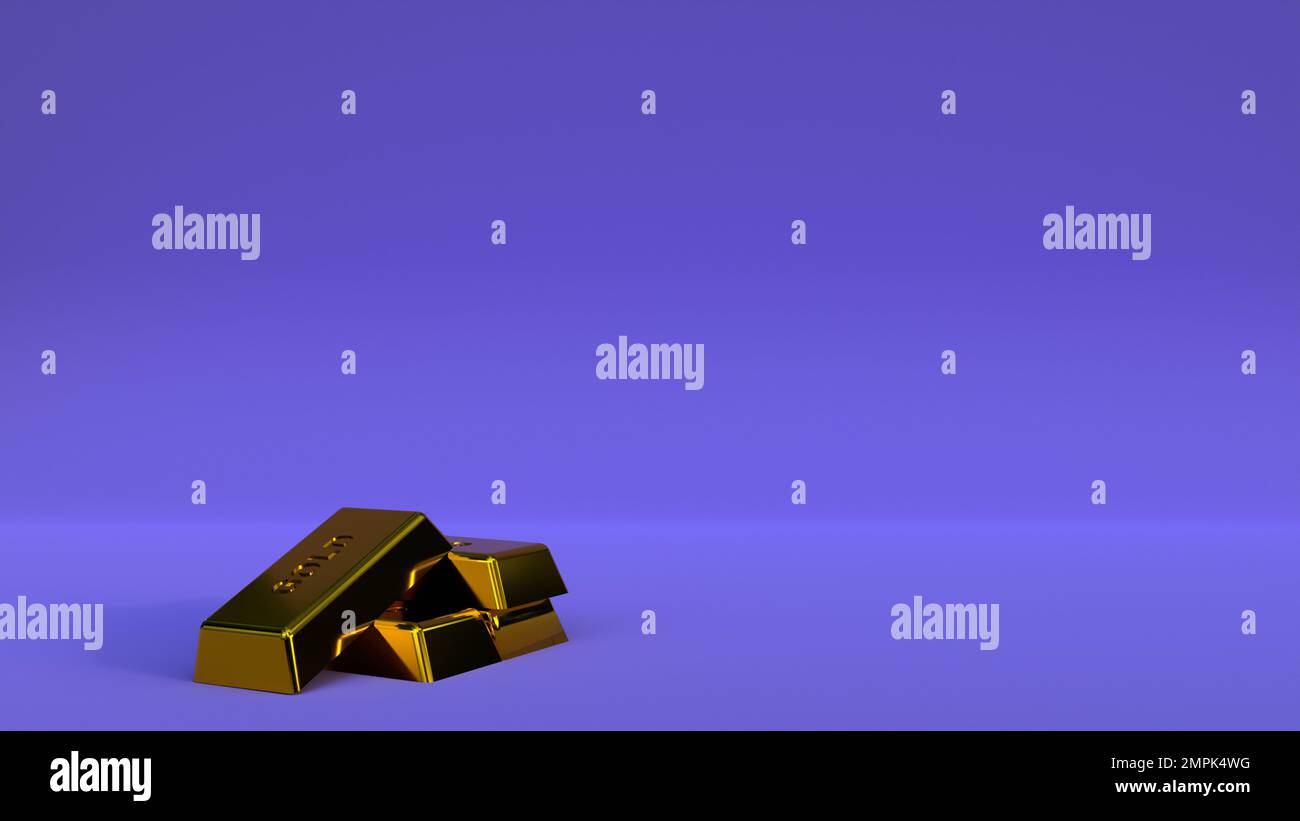 isolated gold brick on purple backdrop 3D render, finance and stock ...