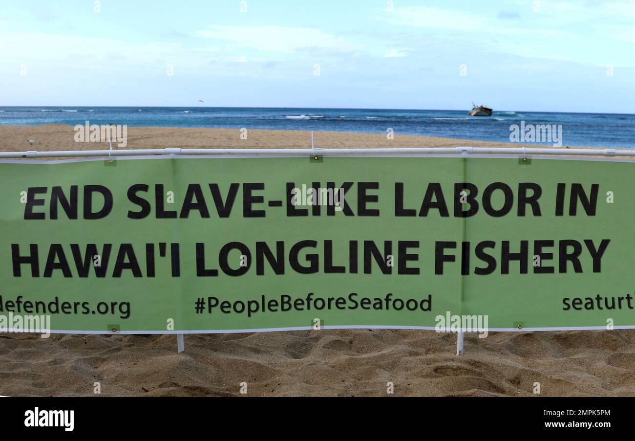 In this Thursday, Nov. 30, 2017 photo, a protest banner from the marine ...