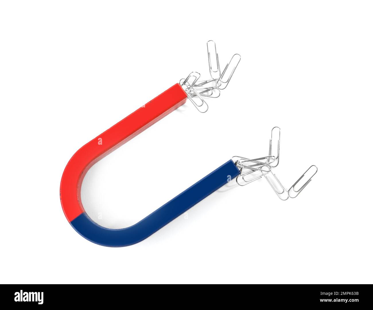 Magnet attracting paper clips on white background, top view Stock Photo ...