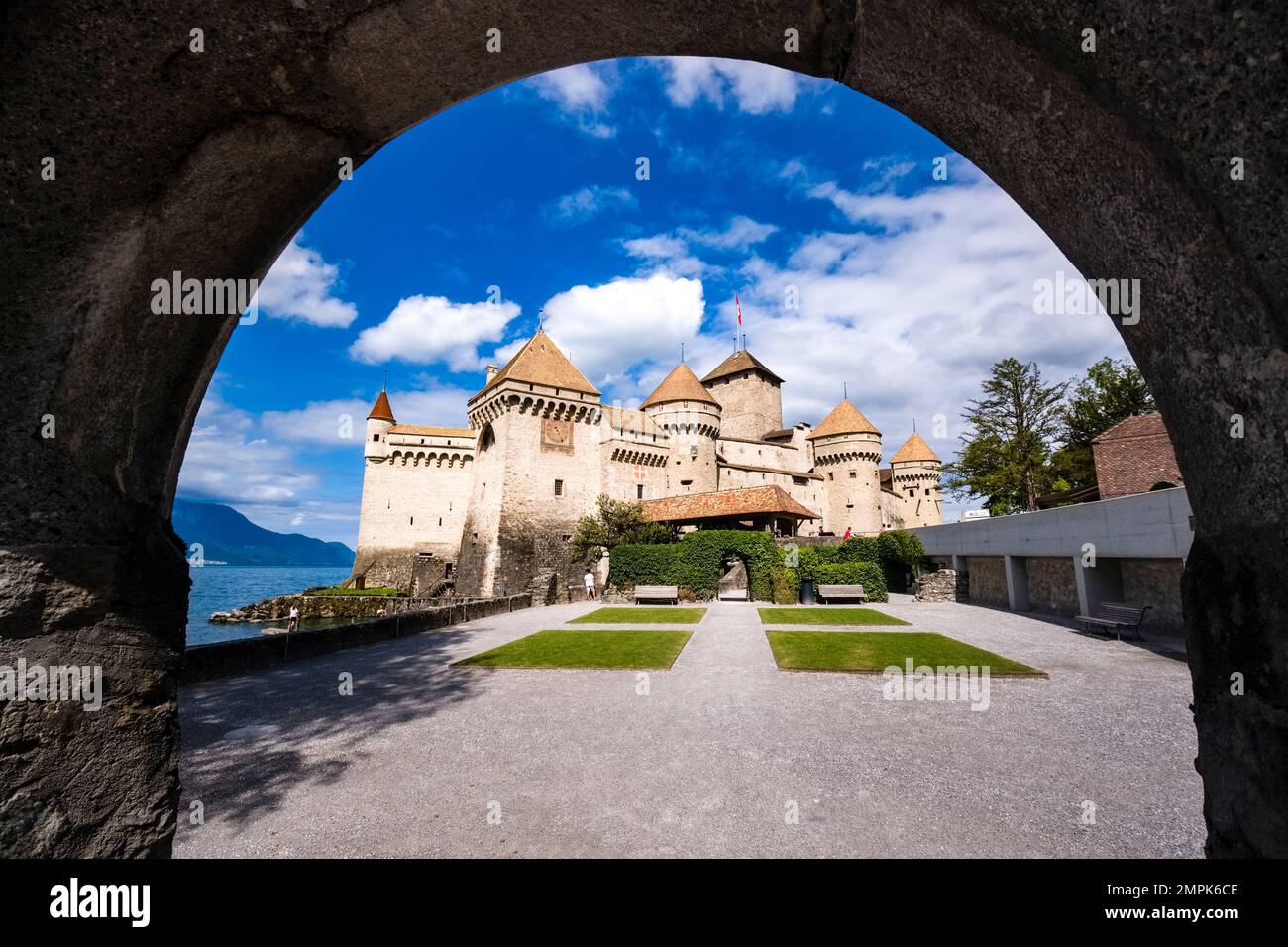 Chillon Castle, Château de Chillon, an island castle located on Lake ...
