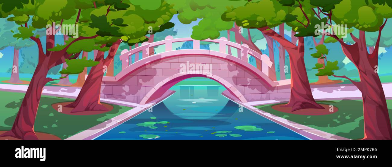 Summer park landscape with bridge over pond, floating water lily leaves ...