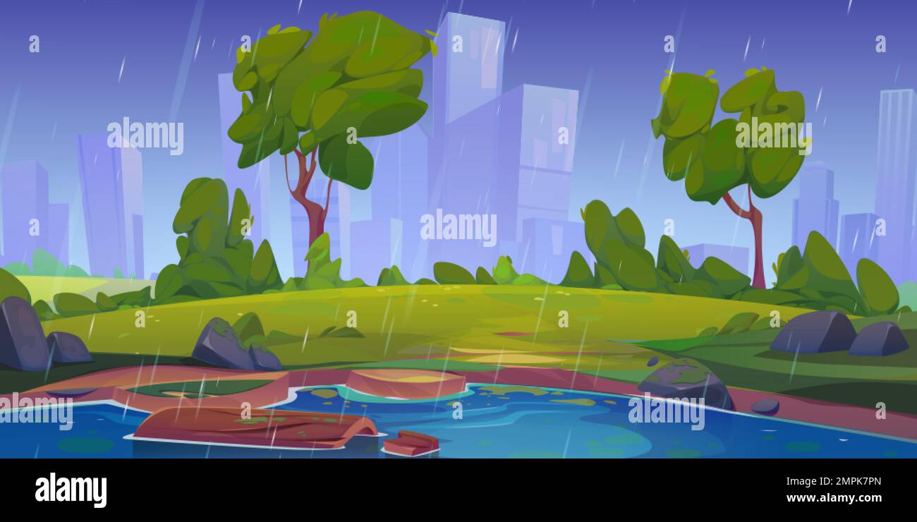 Summer rainy park with lake in big city. Cartoon vector illustration of ...