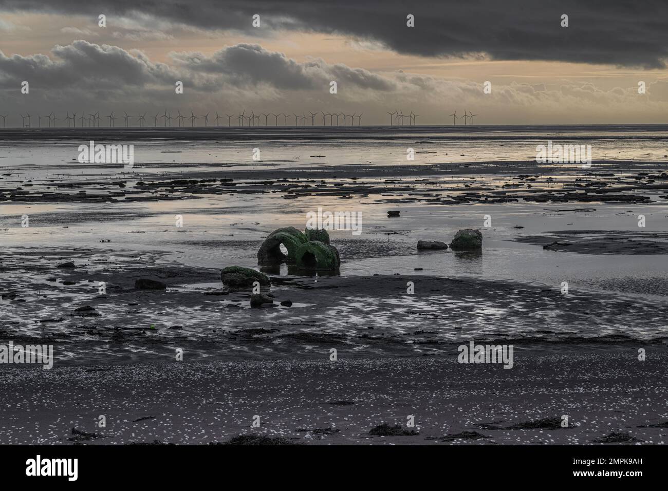 View of the Solway Estuary and Robin Rigg windfarm, from Mersehead RSPB ...