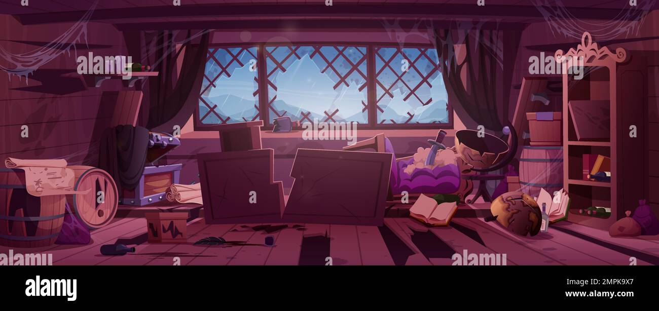 Old messy pirate ship cabin inside. Broken abandoned boat interior with ...