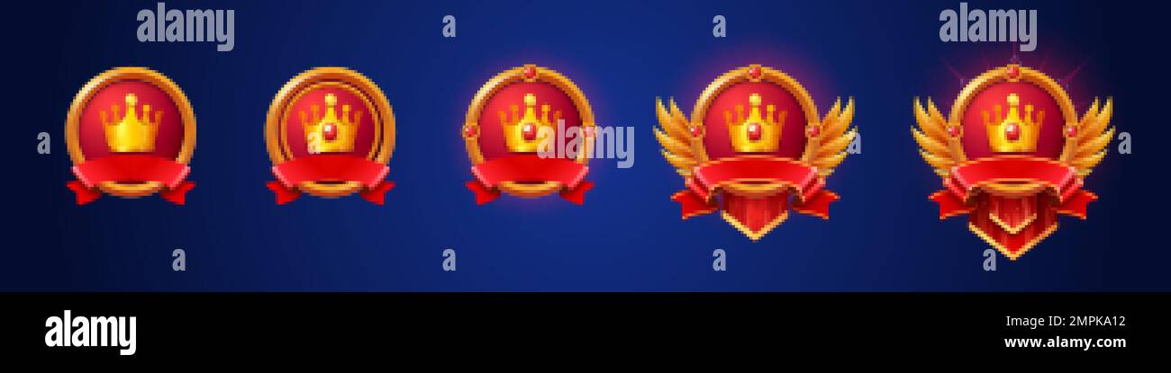 Cartoon set of gold game badges of different rank isolated on dark blue ...