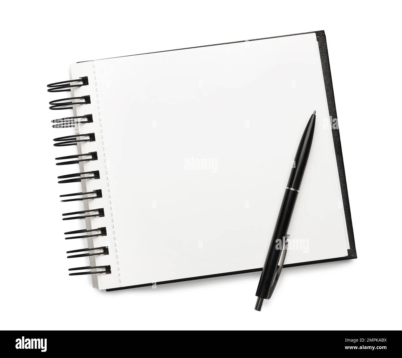 Open empty notebook and pen isolated on white, top view Stock Photo - Alamy