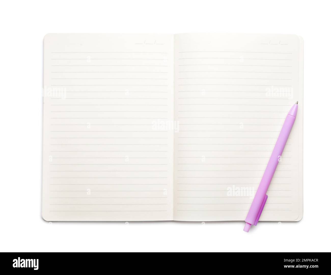 Open empty notebook and pen isolated on white, top view Stock Photo - Alamy