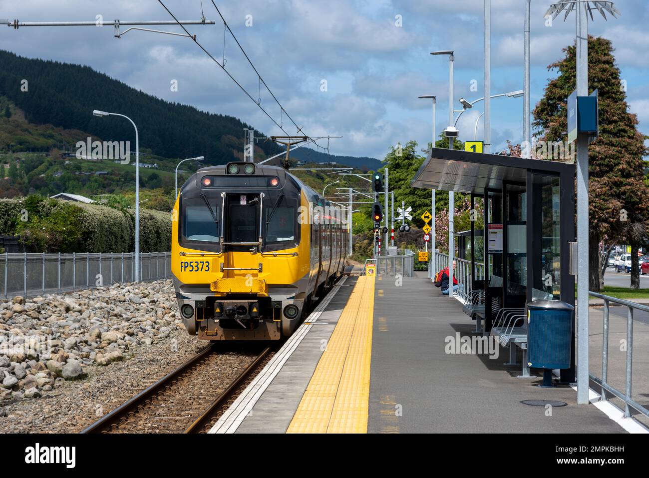 A closeup of a yellow commuter train in Wellington, New Zealand Stock ...