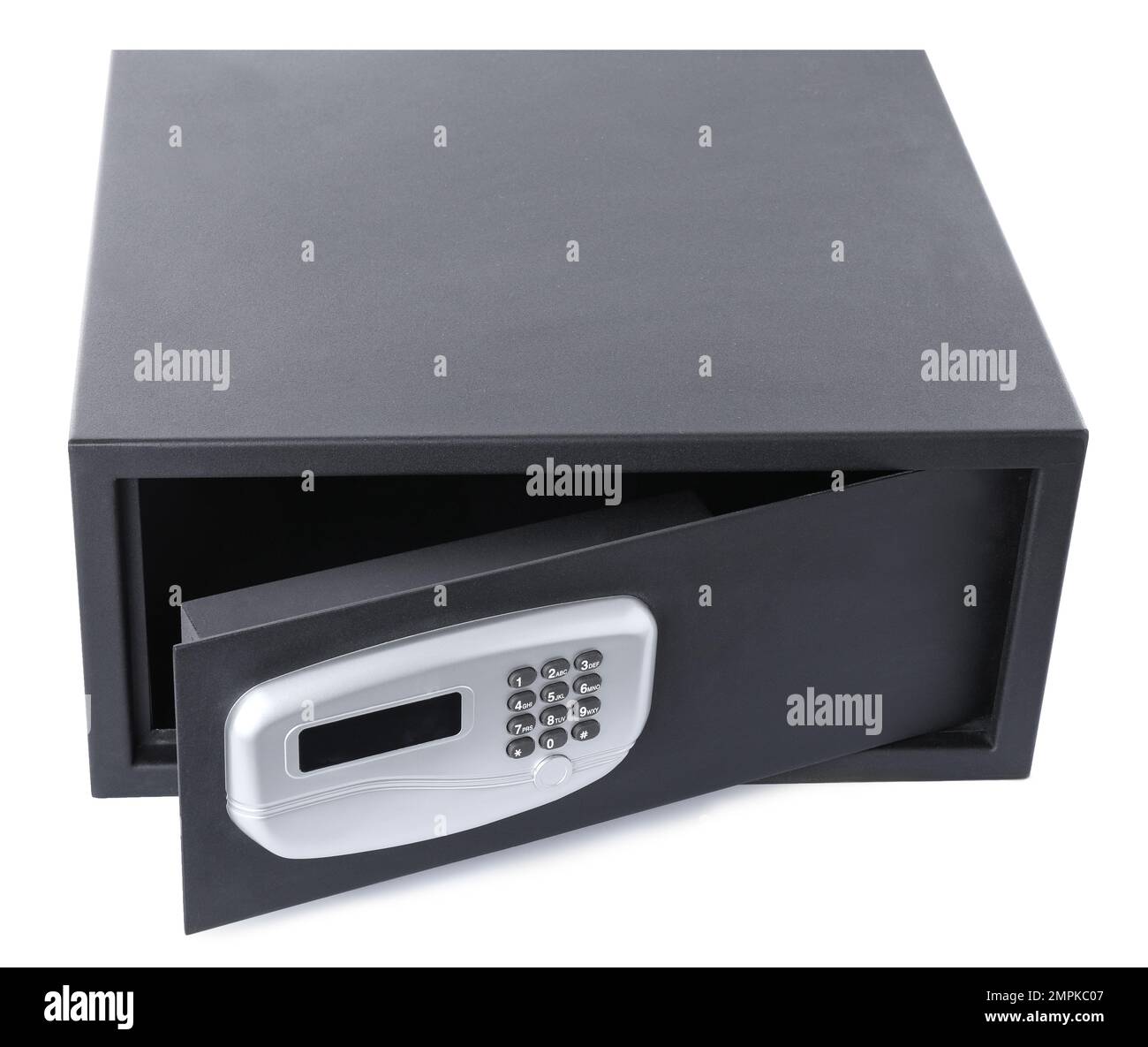 Open black steel safe with electronic lock isolated on white Stock ...
