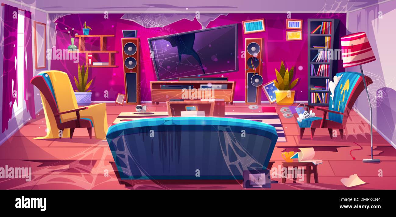 Old dirty living room with broken tv and furniture. Messy abandoned ...