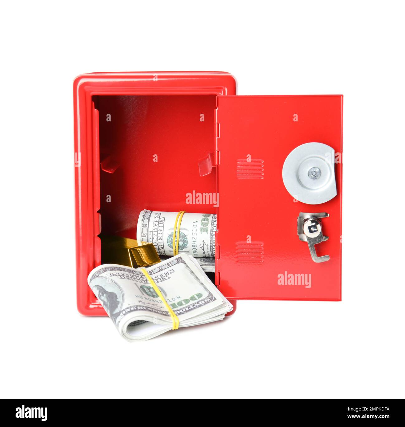 Open steel safe with money and gold bars isolated on white Stock Photo ...