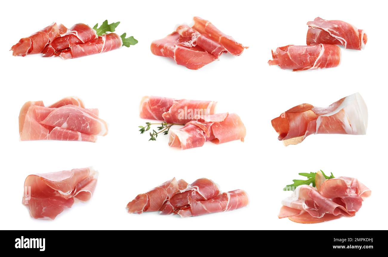 Set of delicious sliced jamon on white background Stock Photo - Alamy