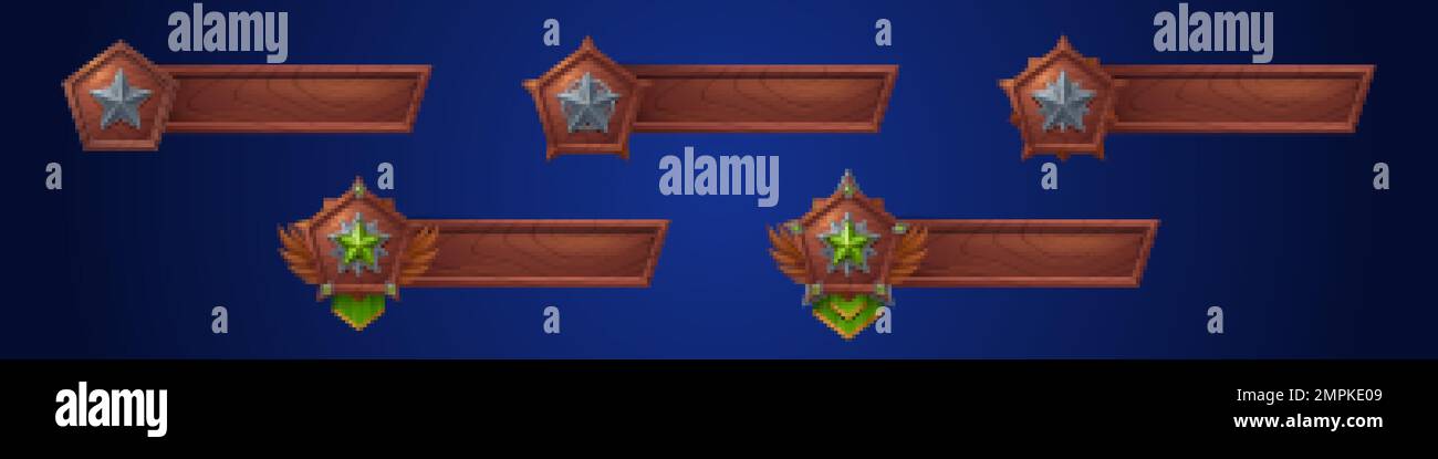 Wooden game banners with iron star badges. Ranking icons of level ...