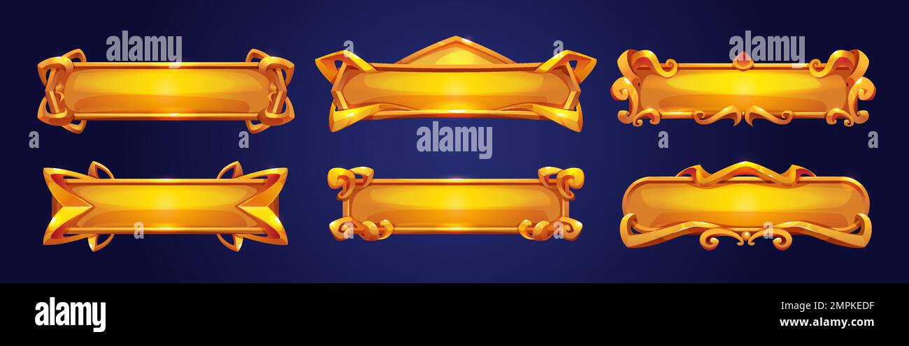 Medieval buttons, ui game menu elements, gold metal oblong banners and ...