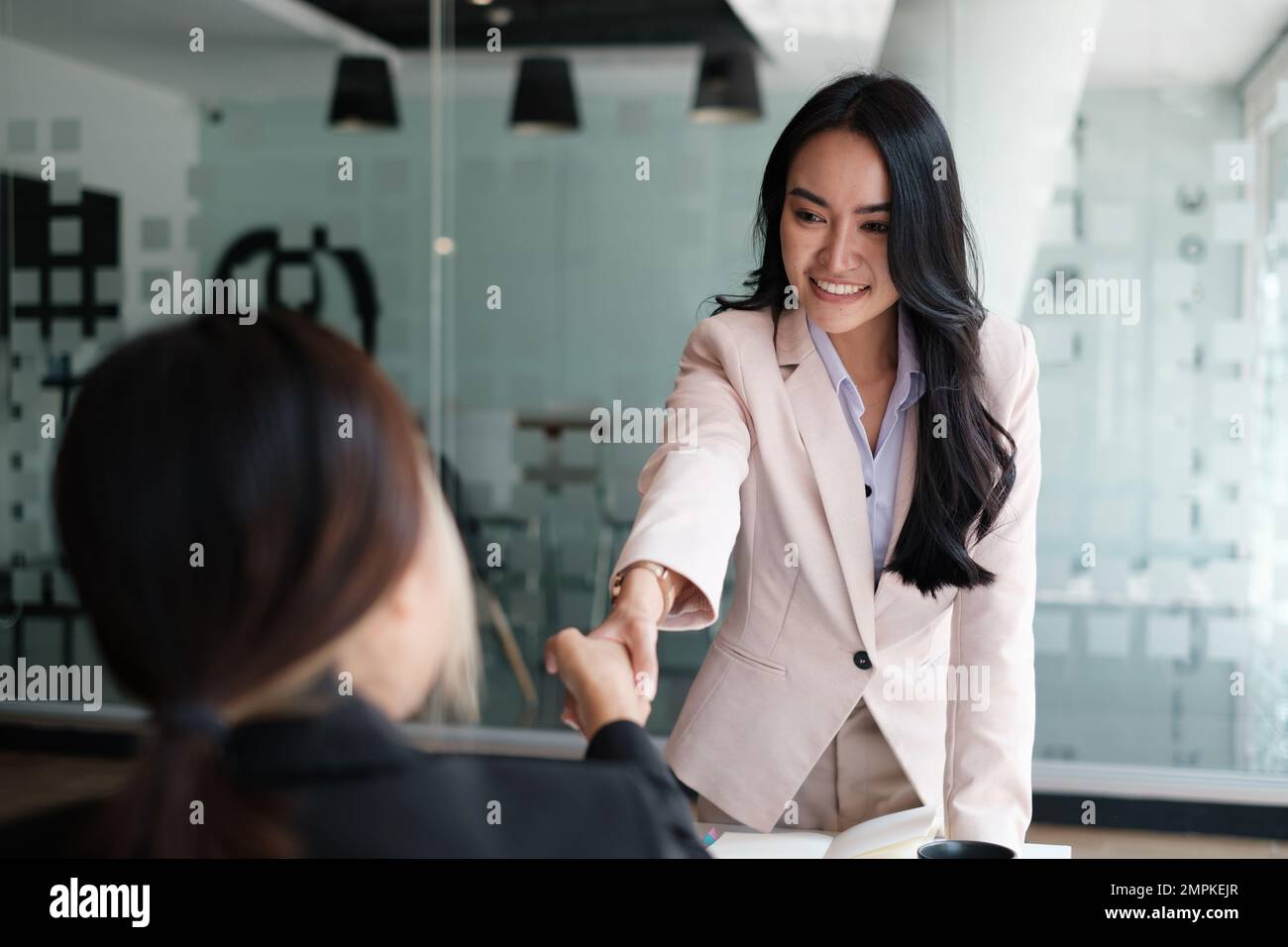 Business people successful negotiation and handshake. celebration ...