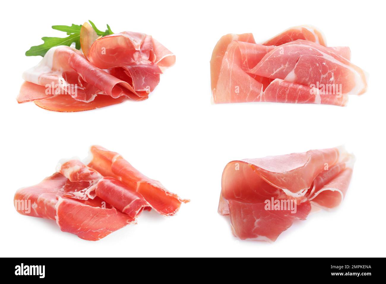 Set of delicious sliced jamon on white background Stock Photo - Alamy