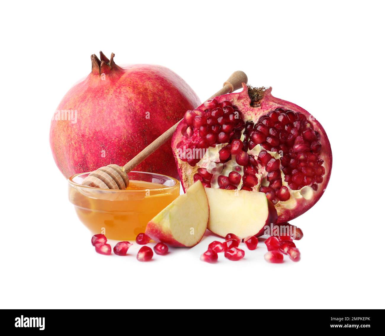 Honey, apples and pomegranate on white background. Rosh Hashanah ...