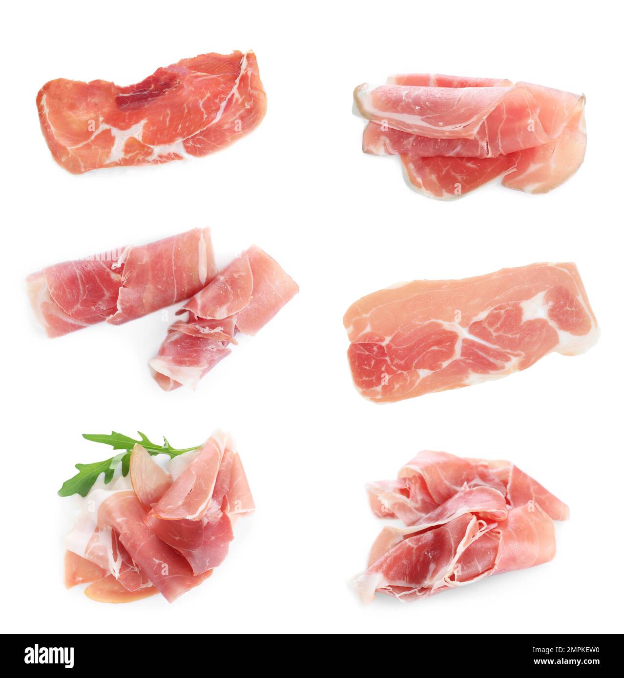 Set of delicious sliced jamon on white background Stock Photo - Alamy