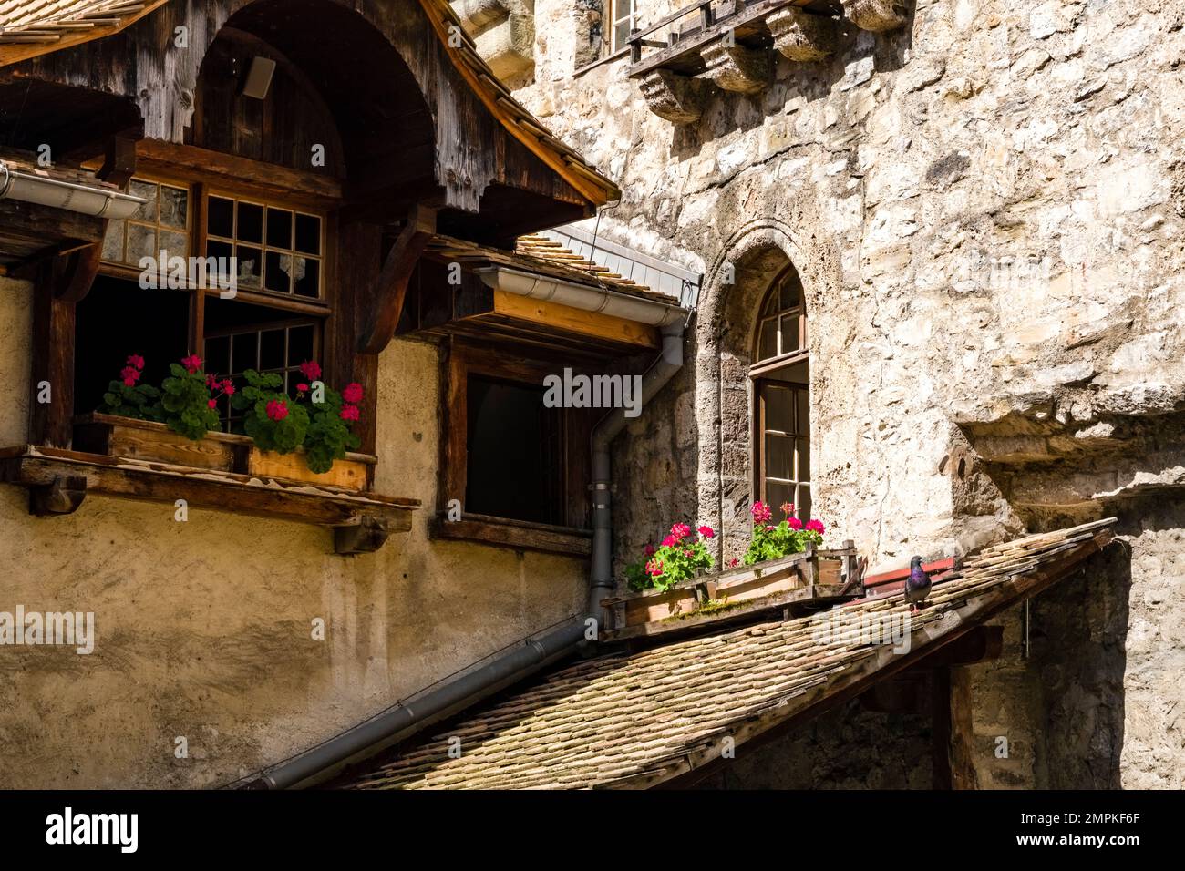 Architectural detail of Chillon Castle, Château de Chillon, an island ...