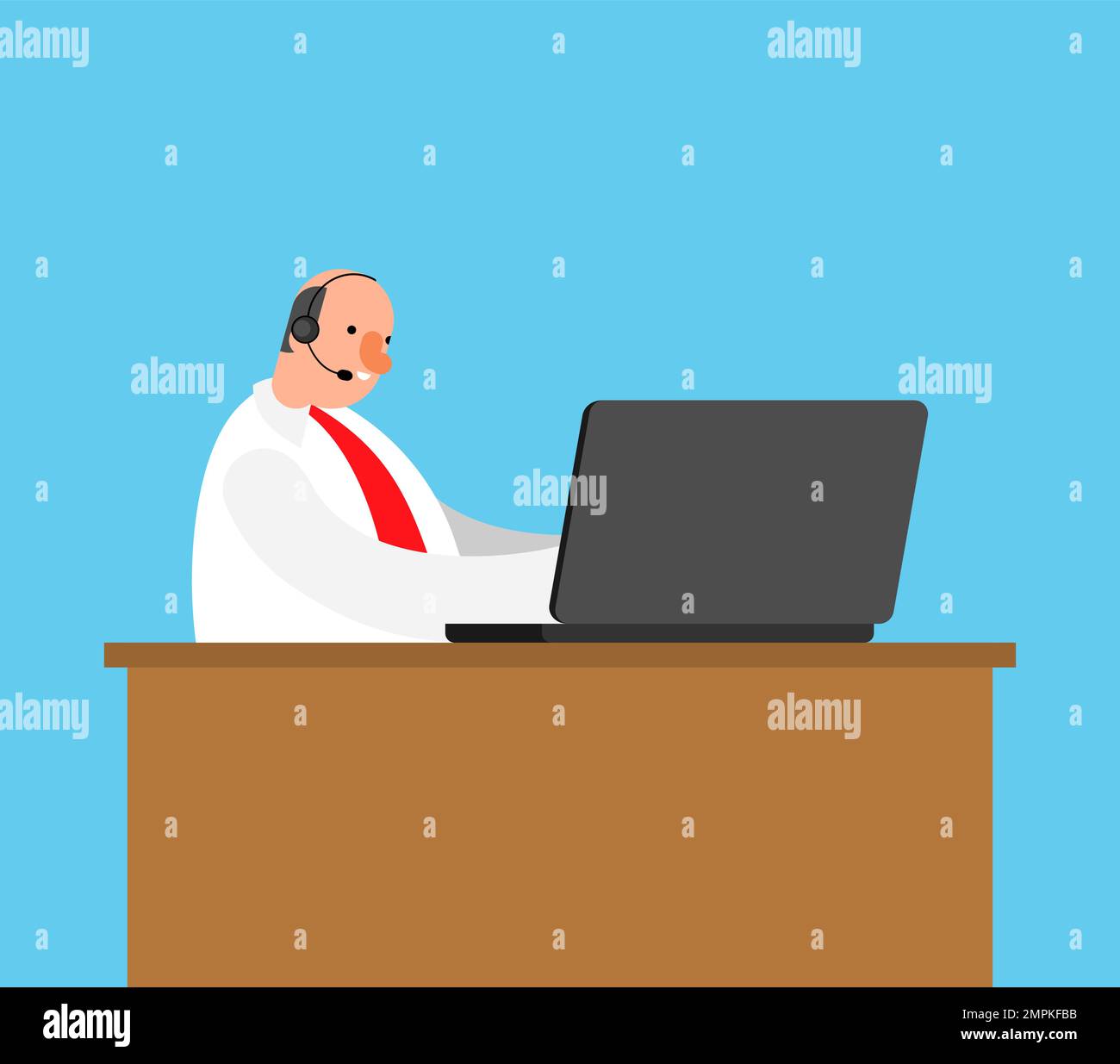 Call center worker isolated. man with headset sits at computer and ...