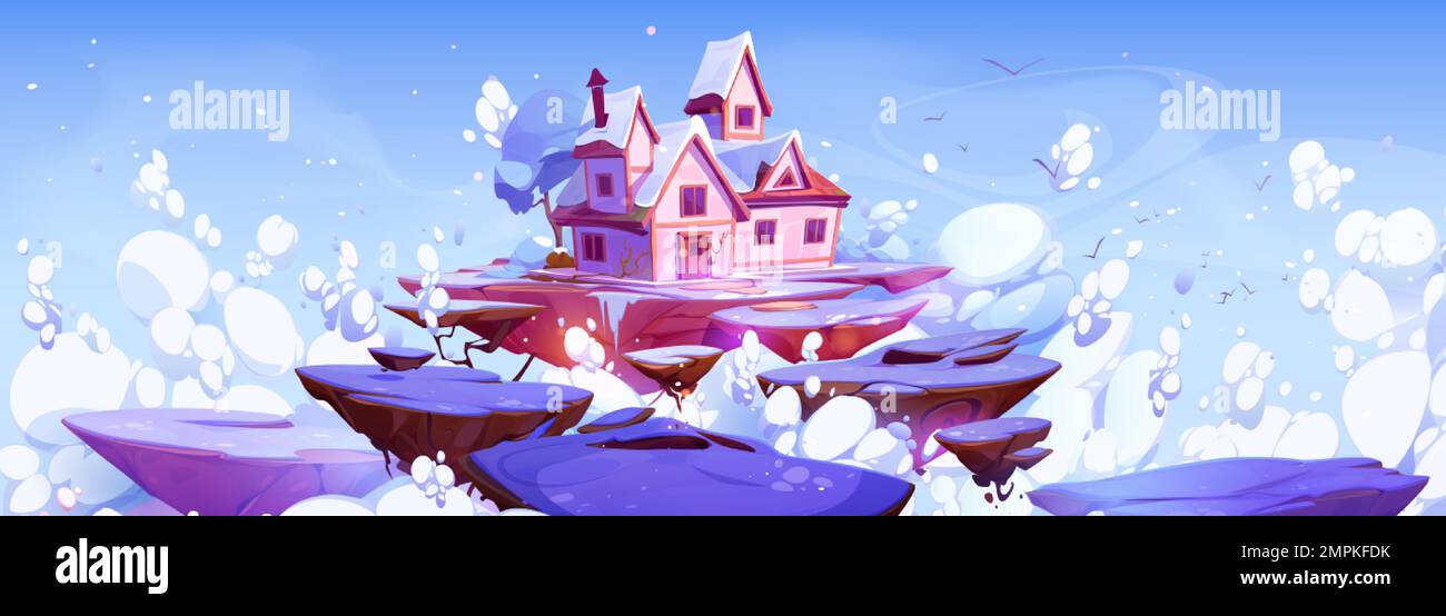 Fantasy house floating on island in blue sky with fluffy white clouds ...