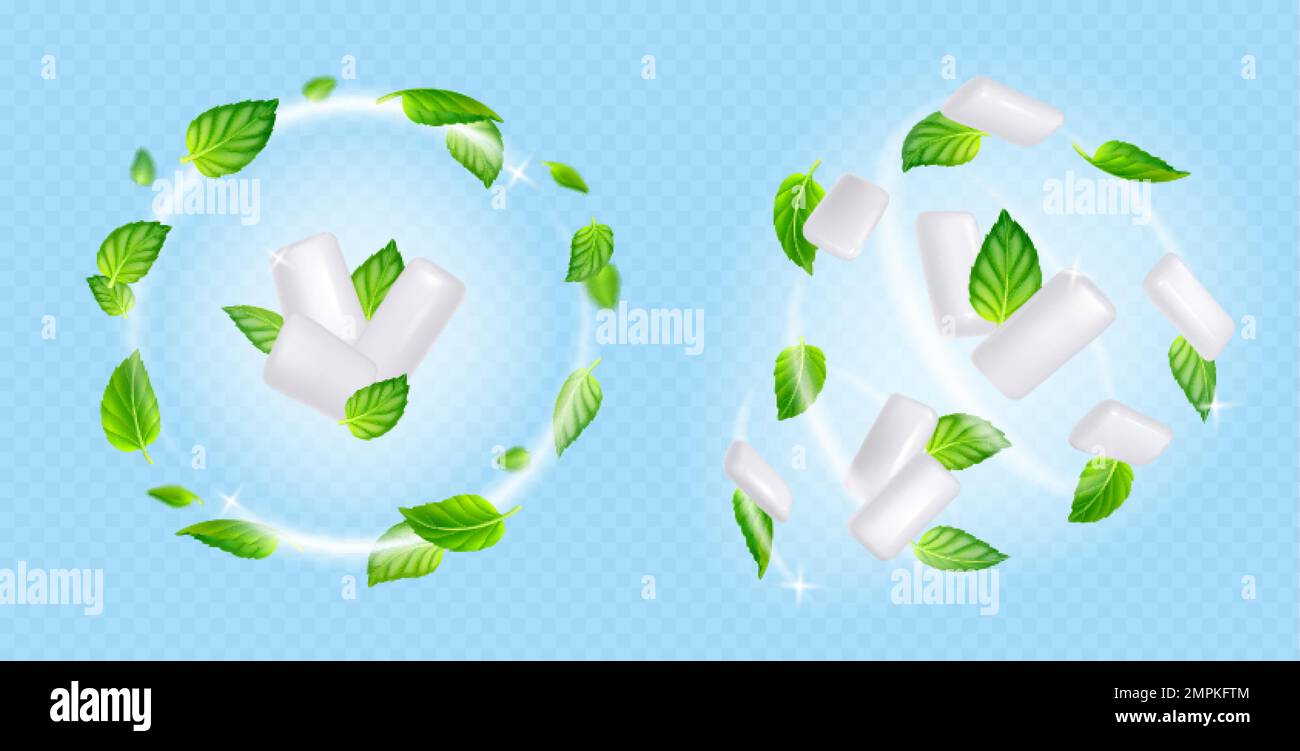 Swirls of chewing gums and mint leaves flying on wind. Concept of fresh ...