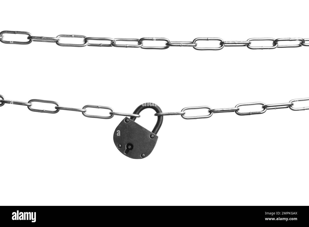 Steel padlock and chains isolated on white, top view. Safety concept ...