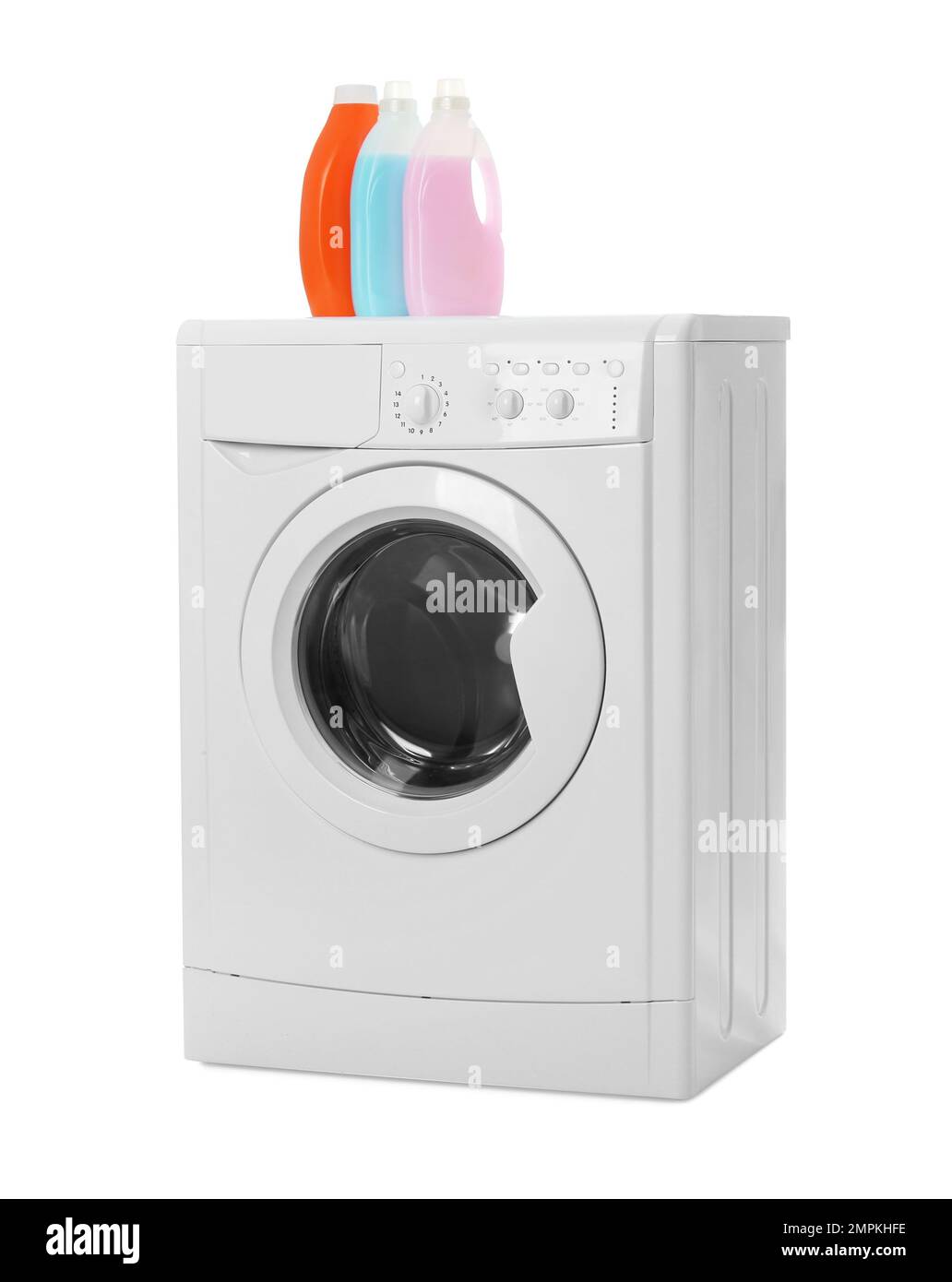 Modern washing machine and detergents on white background. Laundry day ...
