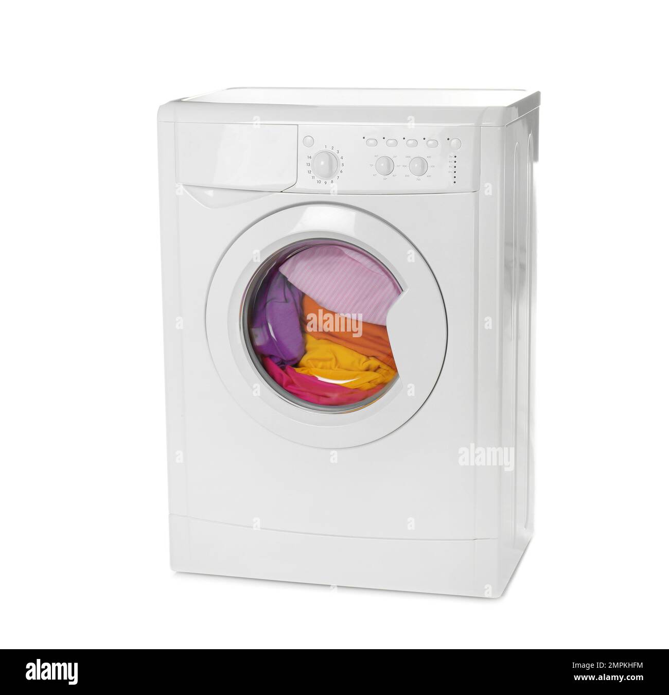 Modern washing machine with laundry isolated on white Stock Photo - Alamy