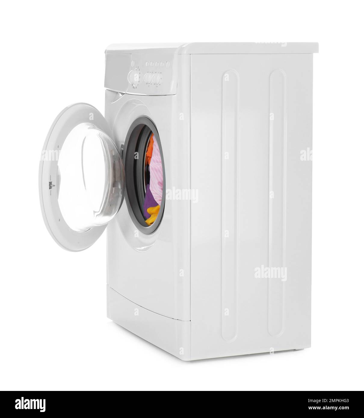Modern washing machine with laundry isolated on white Stock Photo - Alamy