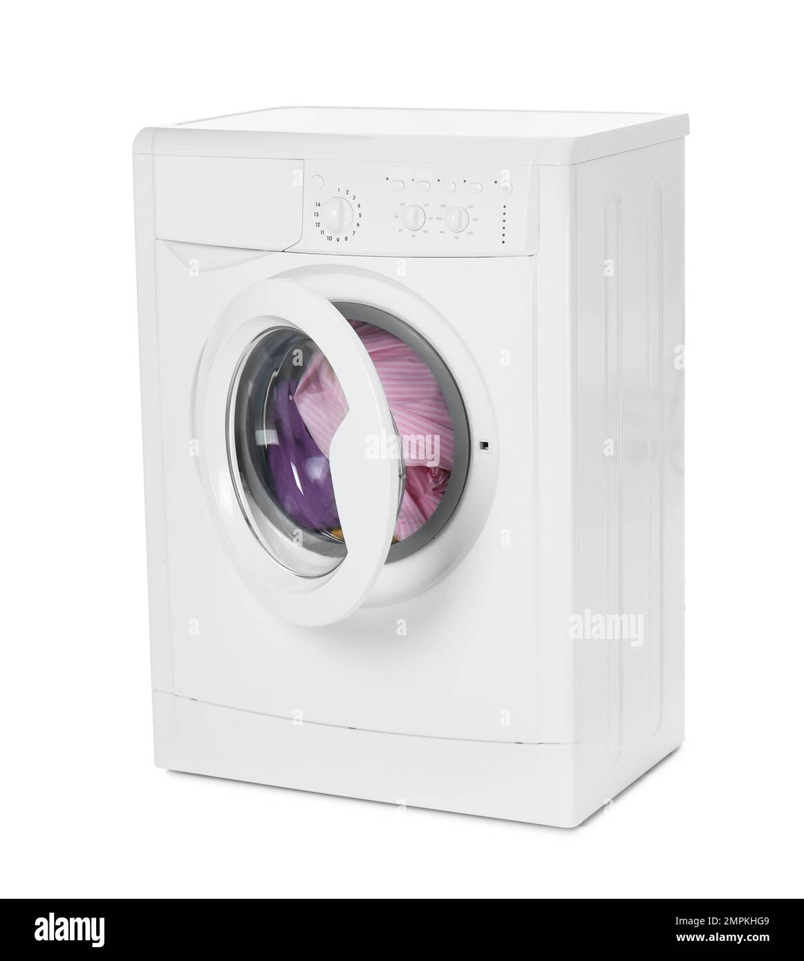 Modern washing machine with laundry isolated on white Stock Photo - Alamy