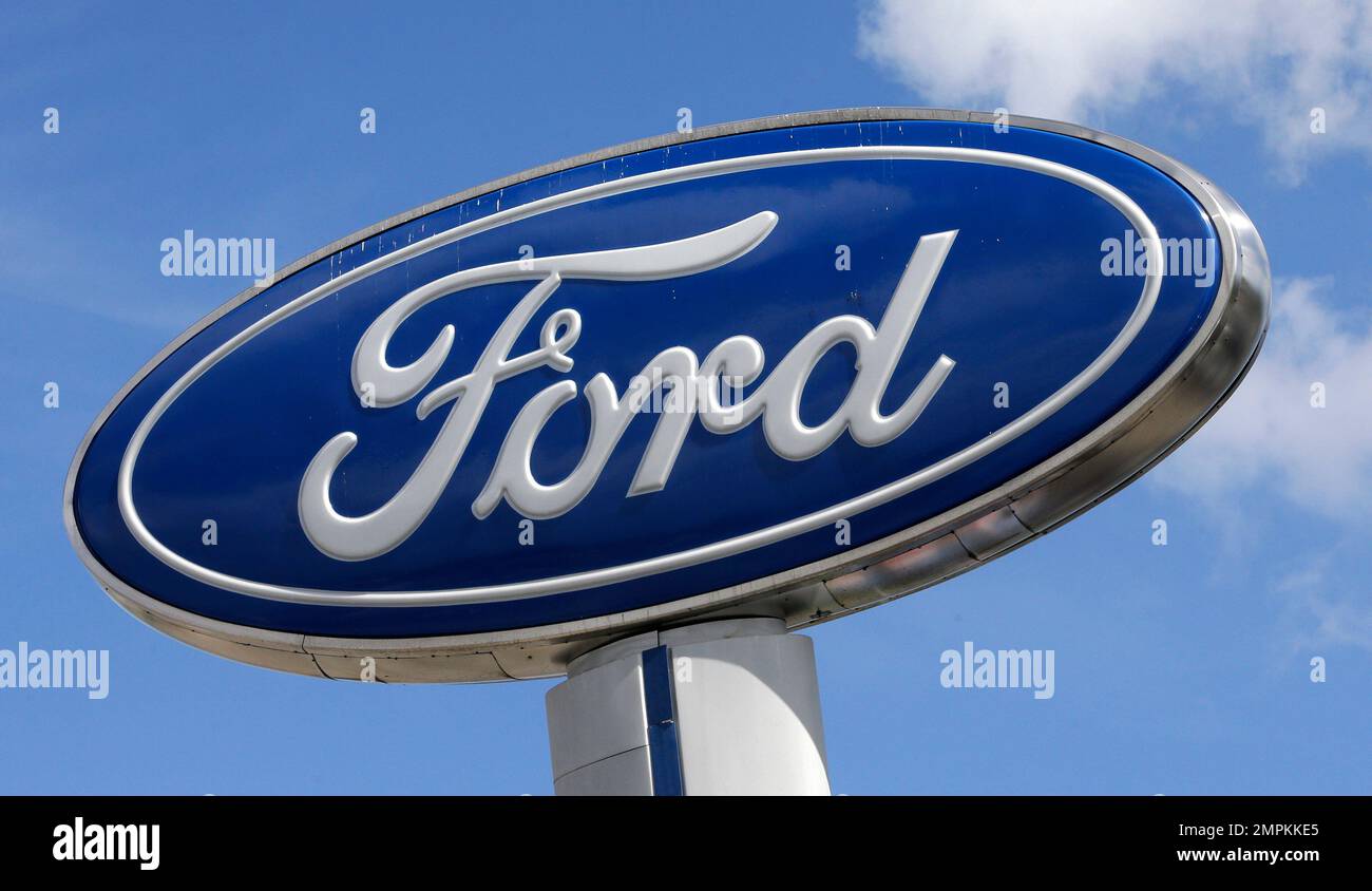 FILE - This Jan. 17, 2017, file photo shows a Ford sign at an auto ...