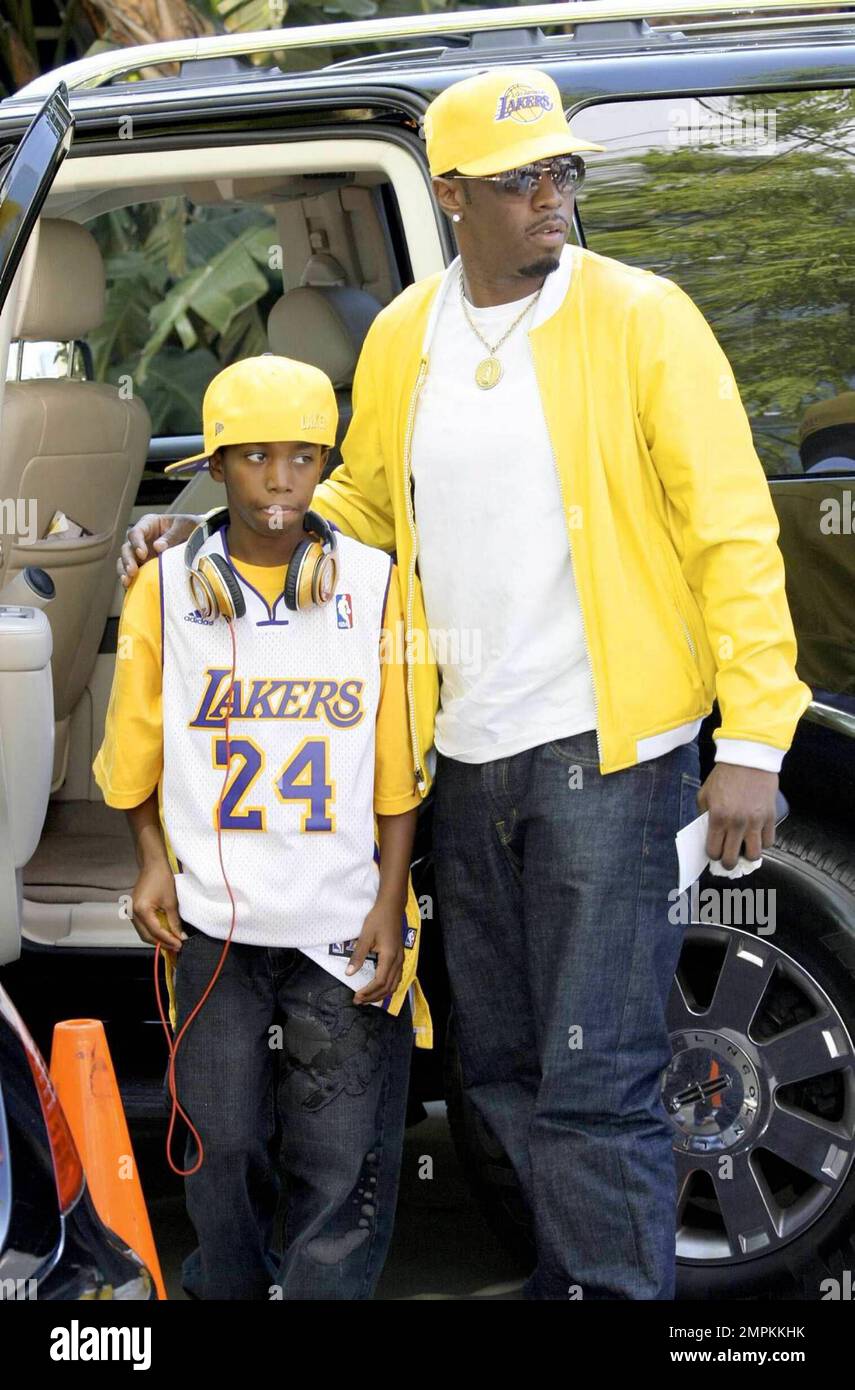 Sean "P Diddy" Combs and son Christian arrive for the Los Angeles Lakers game at the Staples ...