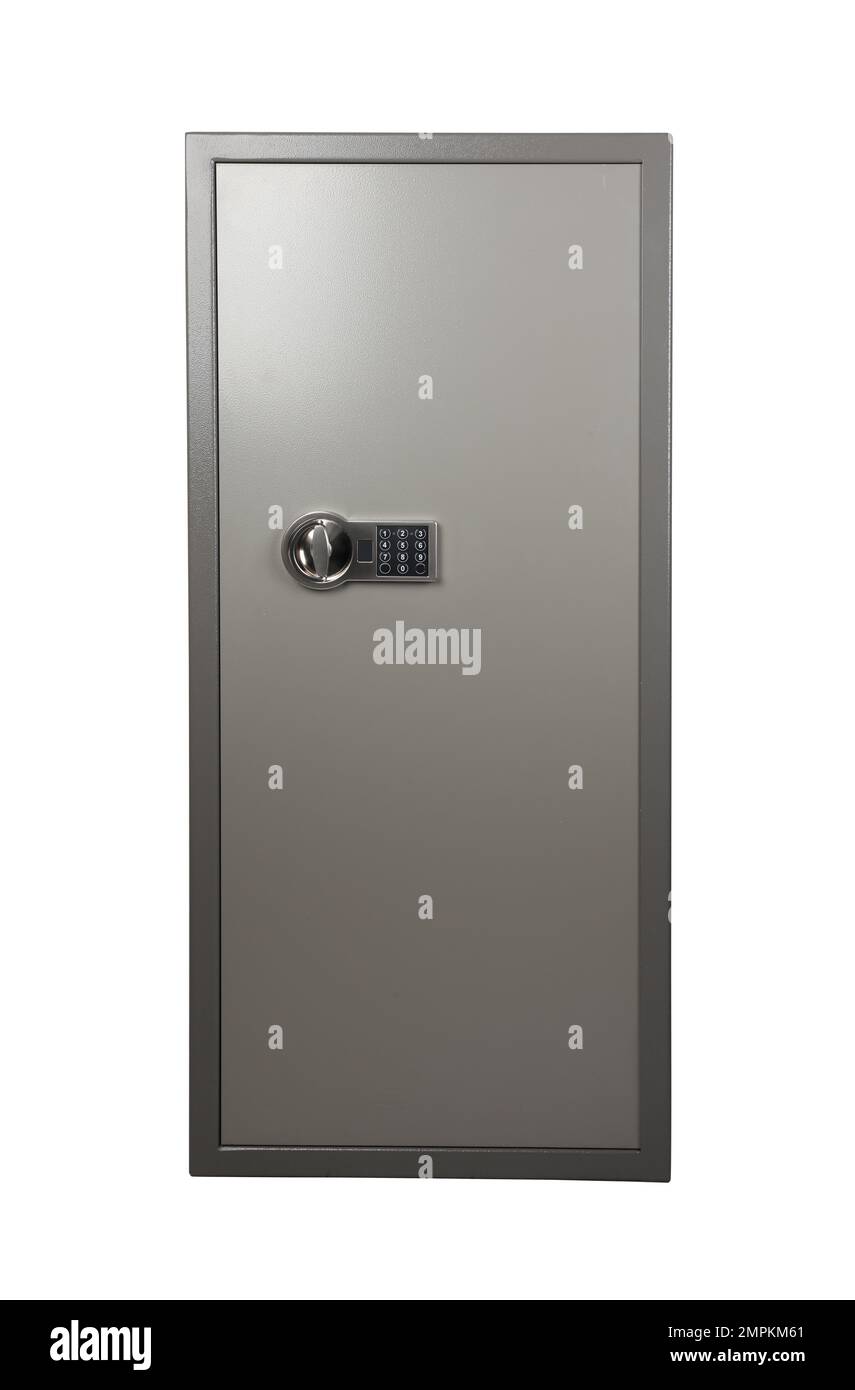 Big steel safe with electronic lock on white background Stock Photo - Alamy