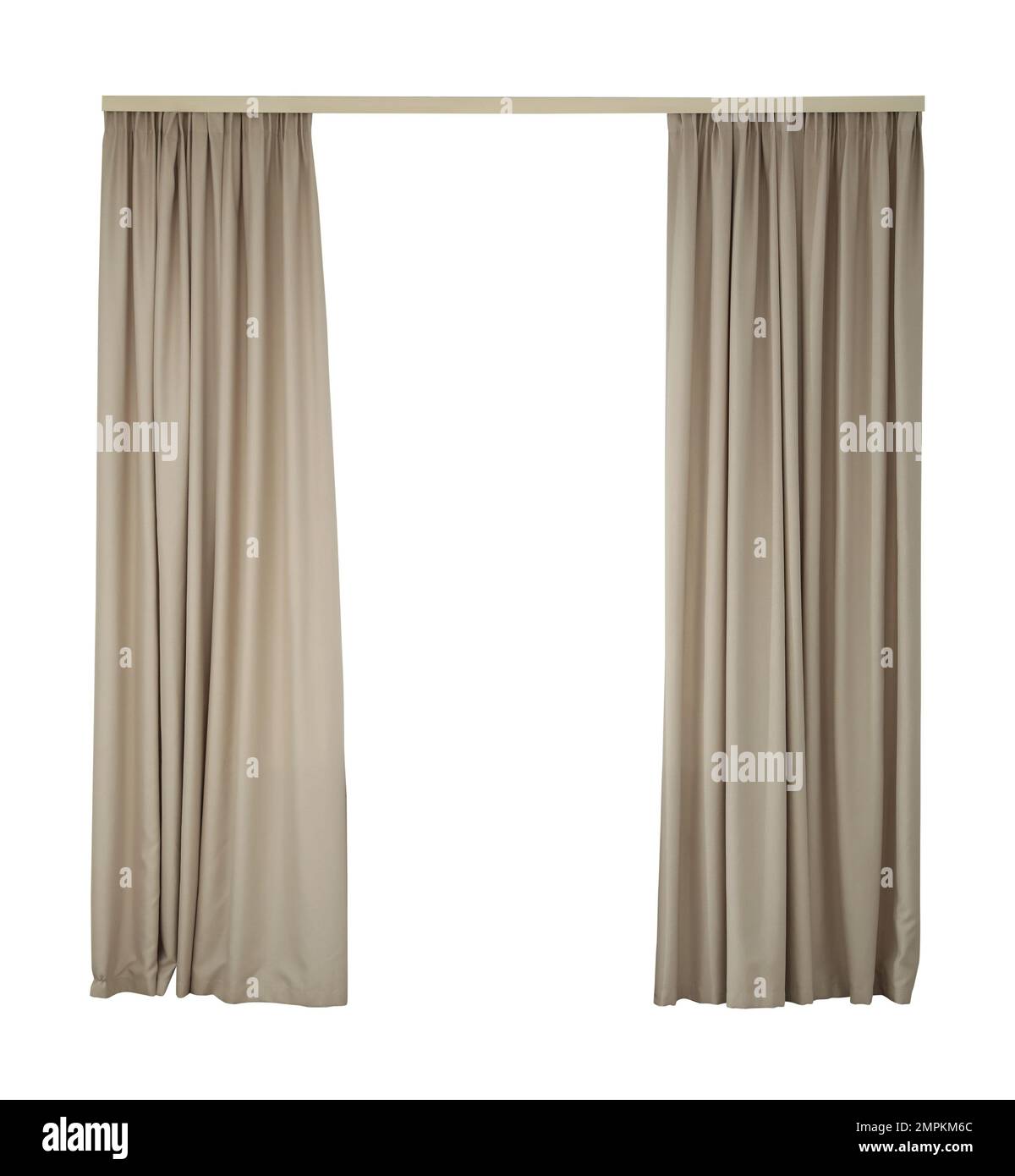 Beautiful elegant beige curtains on white background Stock Photo - Alamy