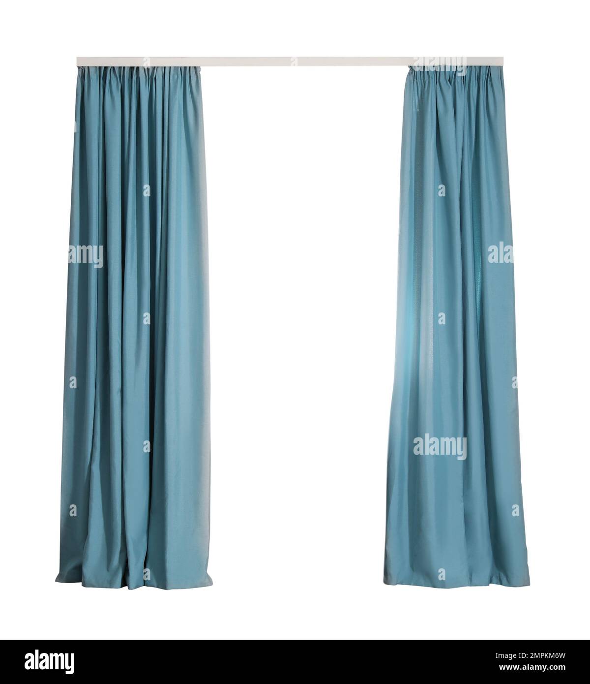 Beautiful elegant blue curtains on white background Stock Photo - Alamy