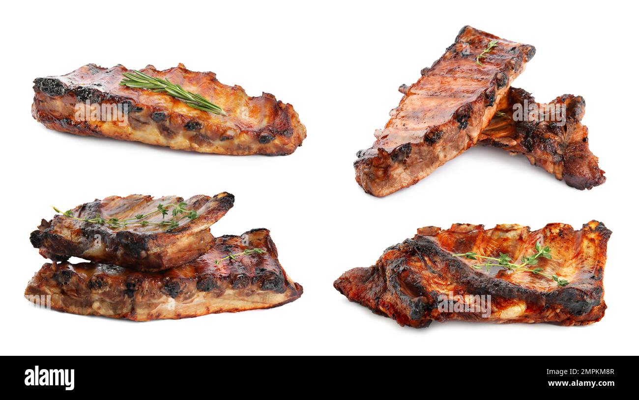 Set of delicious roasted ribs on white background Stock Photo - Alamy