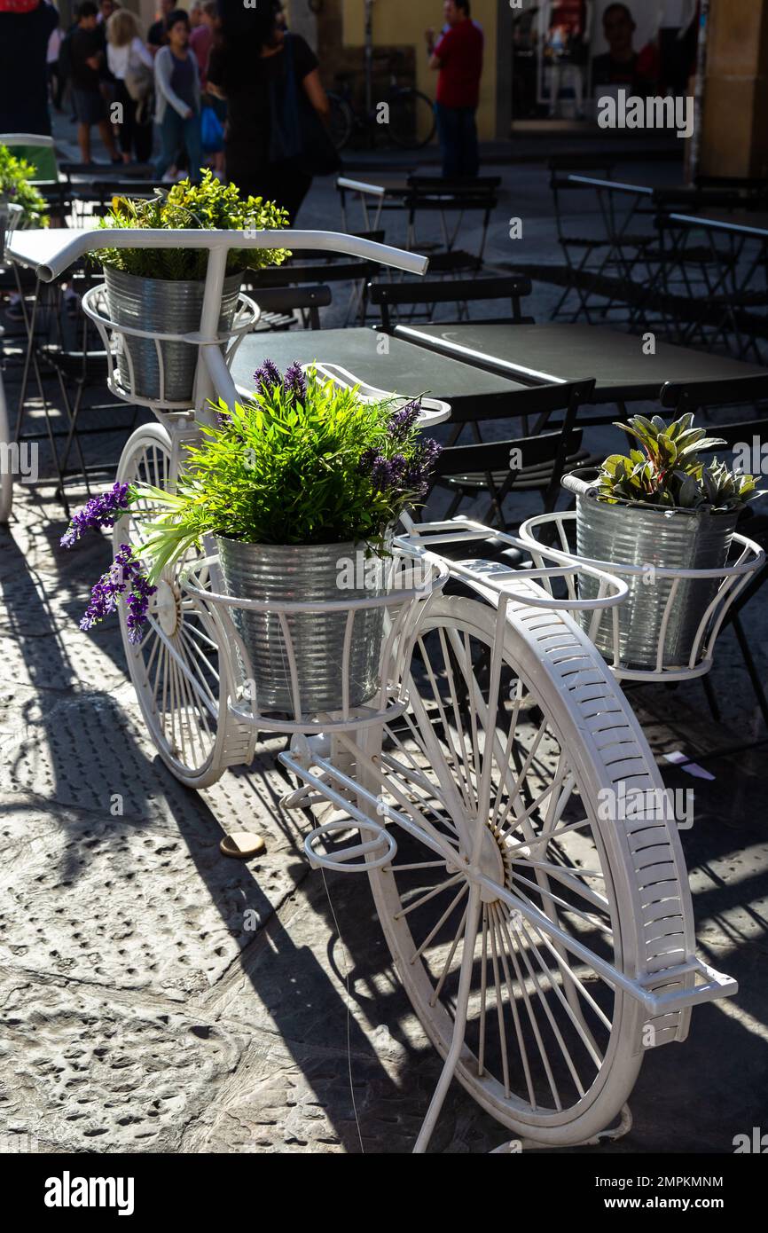 Bicycles leaning against bench on street in Florence Stock Photo - Alamy