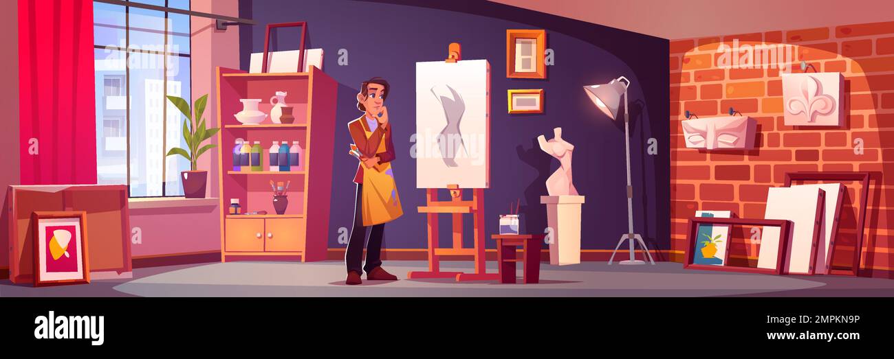 Male artist working in art studio. Vector cartoon illustration of ...