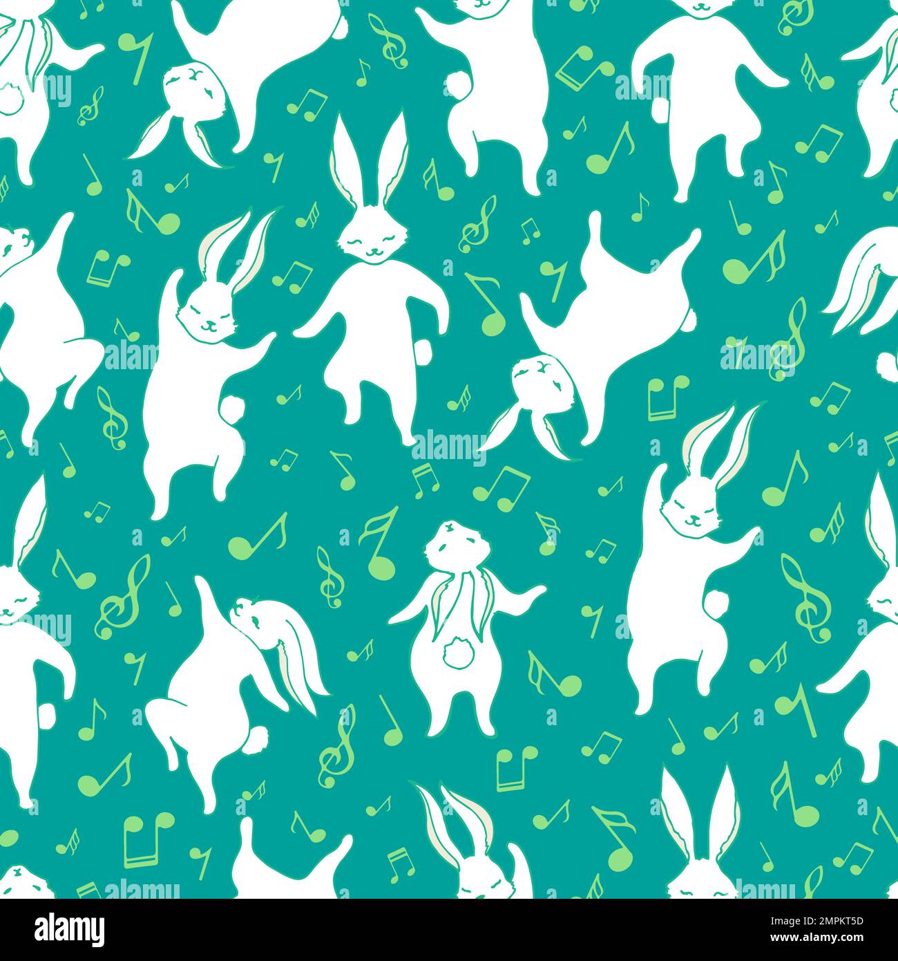 Seamless pattern cheerful cute little cute white rabbits funny dancing ...